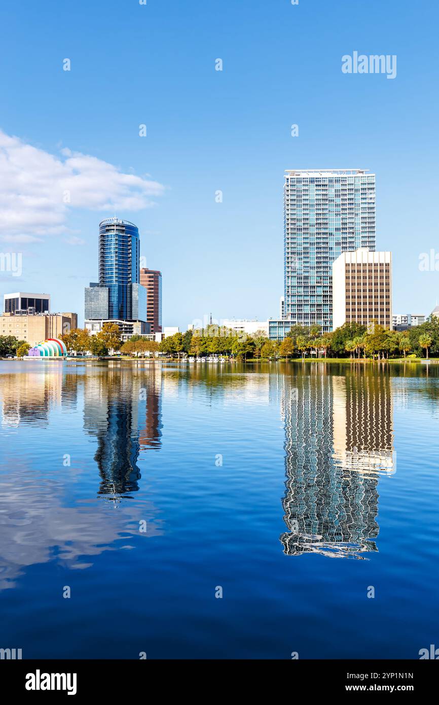 Orlando skyline at Lake Eola Park downtown in fall autumn season ...