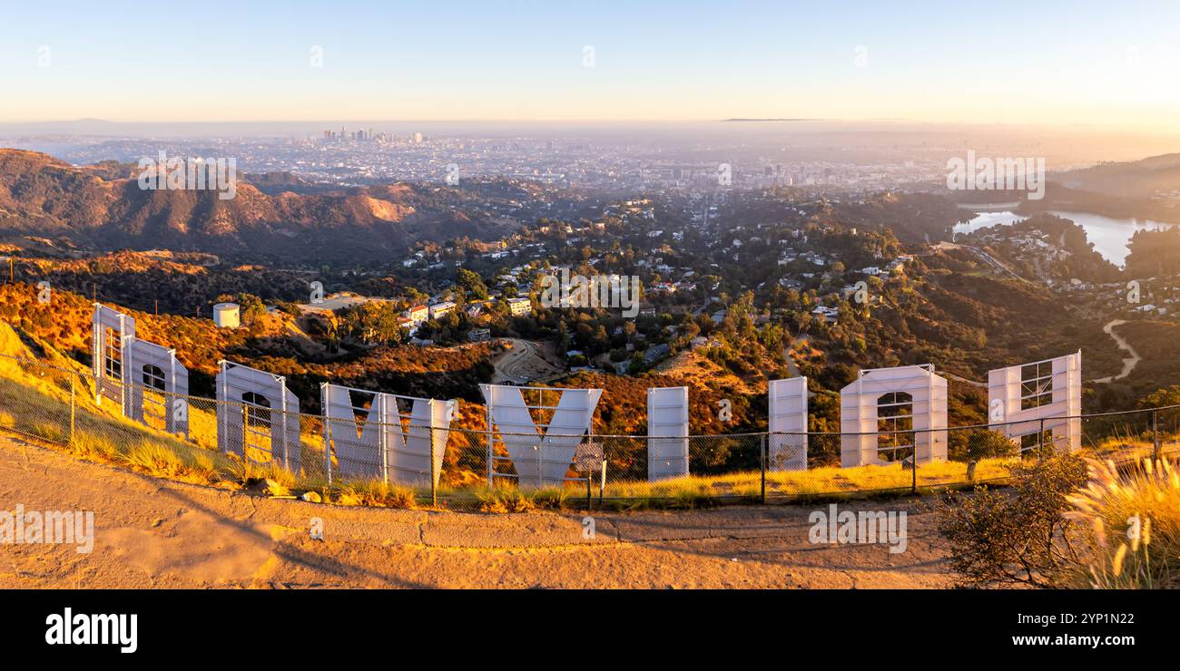 Hollywood sign at Mount Mt Lee panorama with view on Los Angeles in the ...
