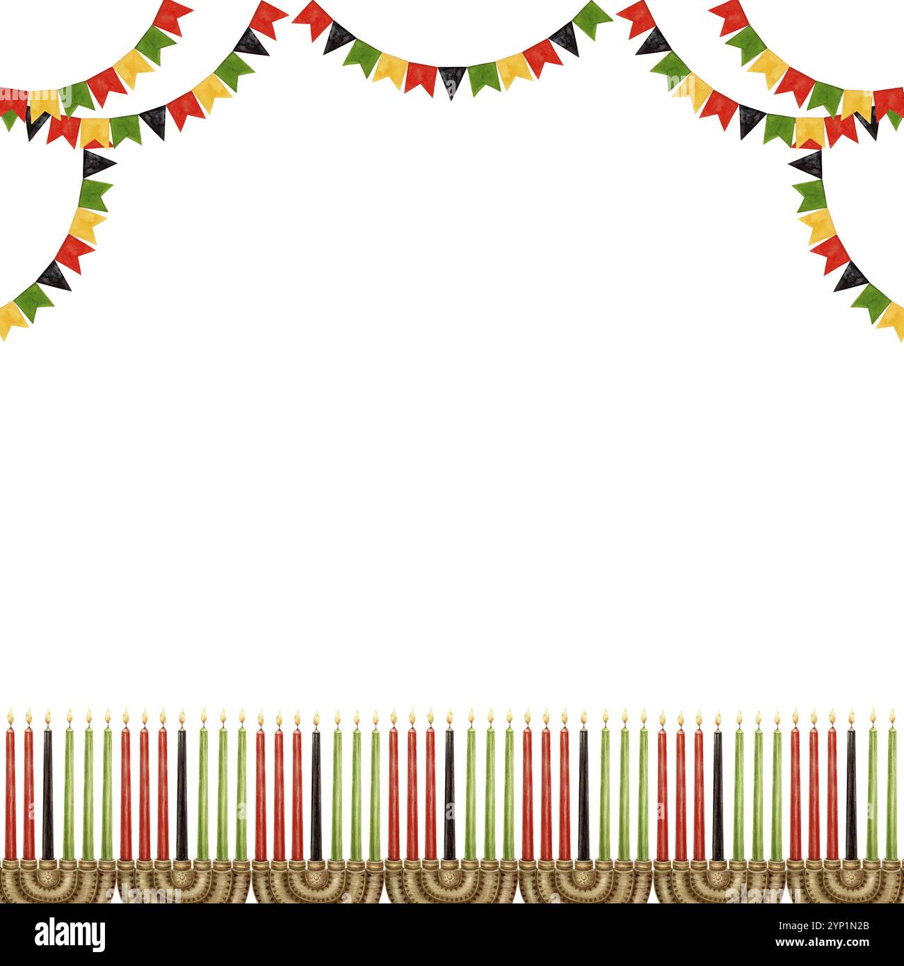 Kwanzaa square frame with colorful garland and Kinara with candle. Hand ...