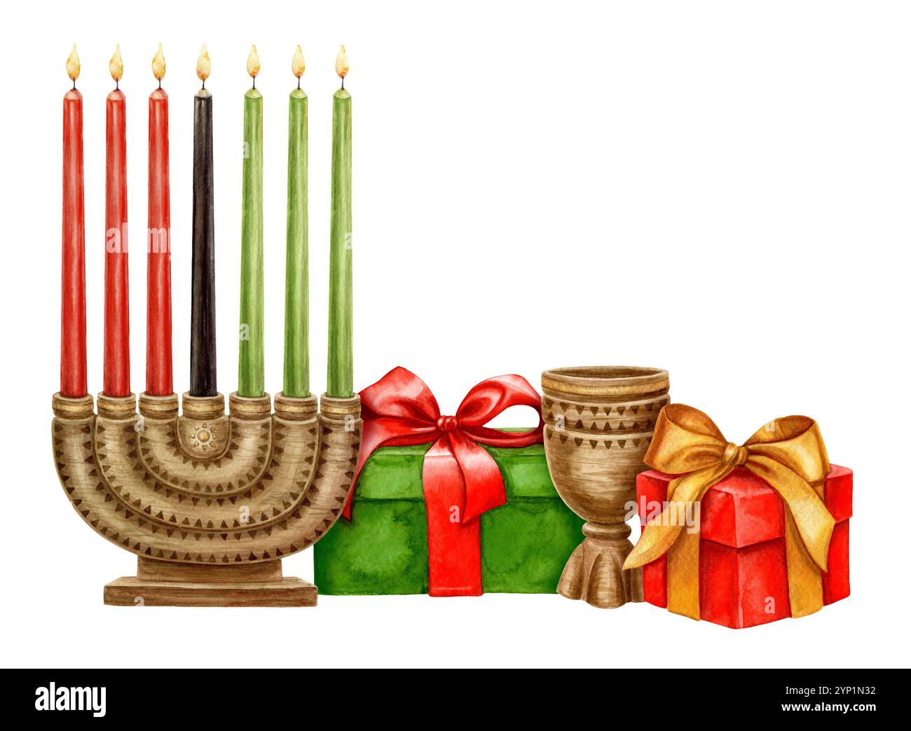 Kwanzaa arrangement of Kinara with Unity Cup and wrapped gifts. Hand ...