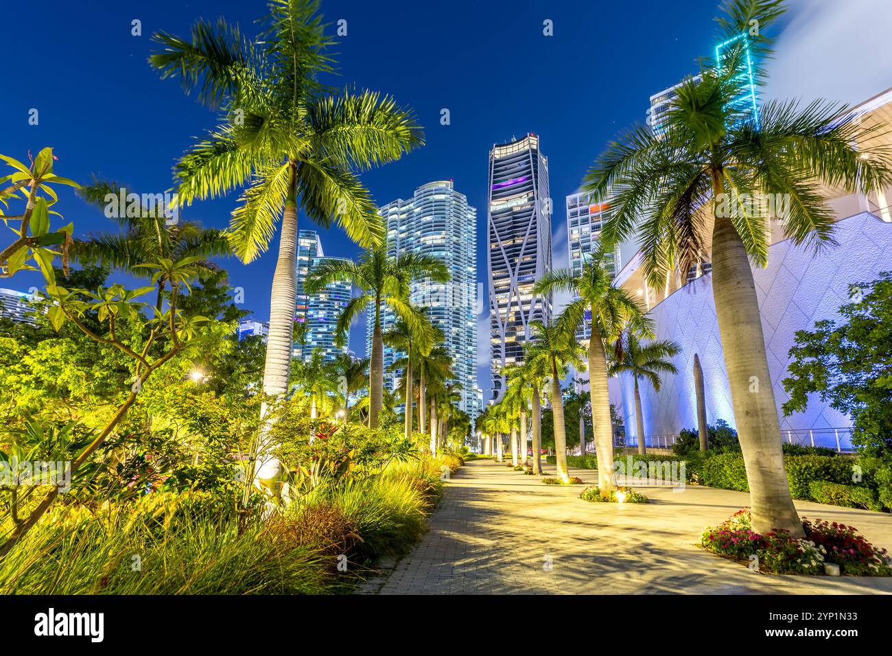 Miami skyline with skyscrapers at Maurice A. Ferré Park at blue hour ...