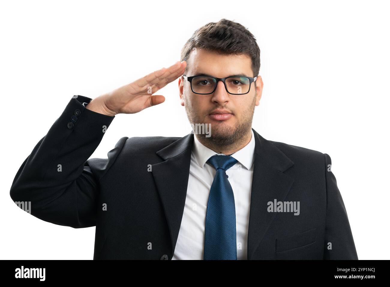 Serious businessman salute hello hand hi-res stock photography and ...