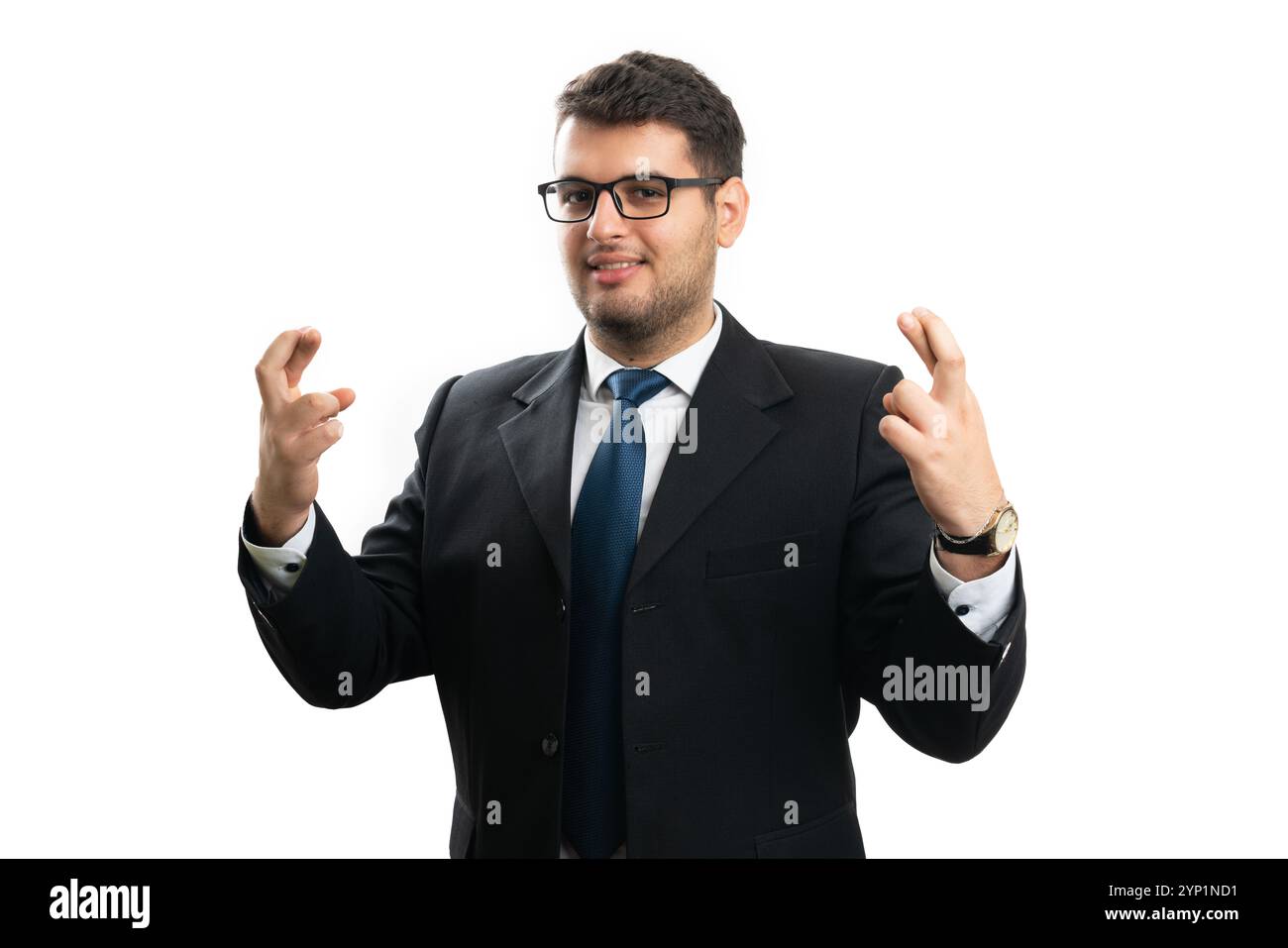 Hopeful male adult entrepreneur smiling wearing smart casual suit and ...