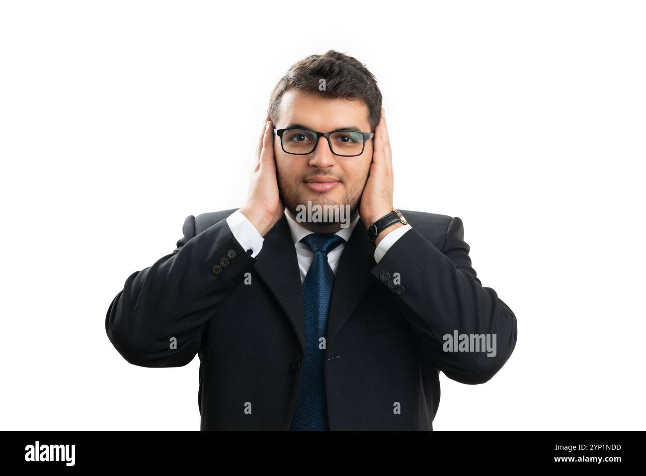 Adult male corporate entrepreneur in formalwear covering ears with ...