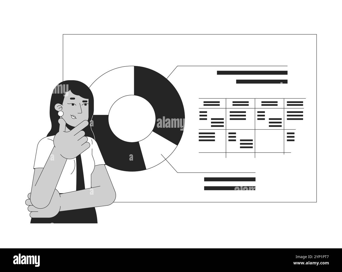 Indian woman office worker interpreting data black and white 2D line ...