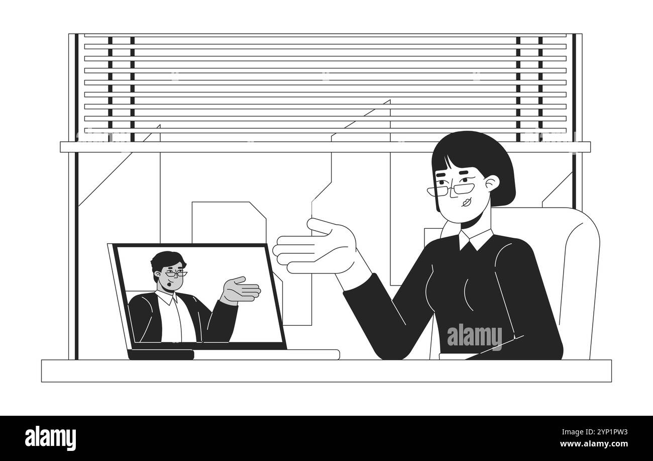 HR manager conducting interview through video call black and white 2D line characters Stock ...