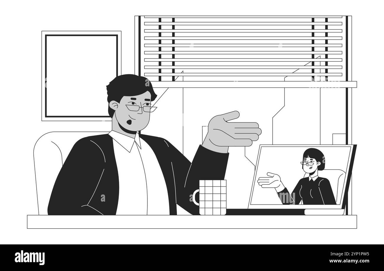 HR conducting virtual interview with candidate black and white 2D line ...