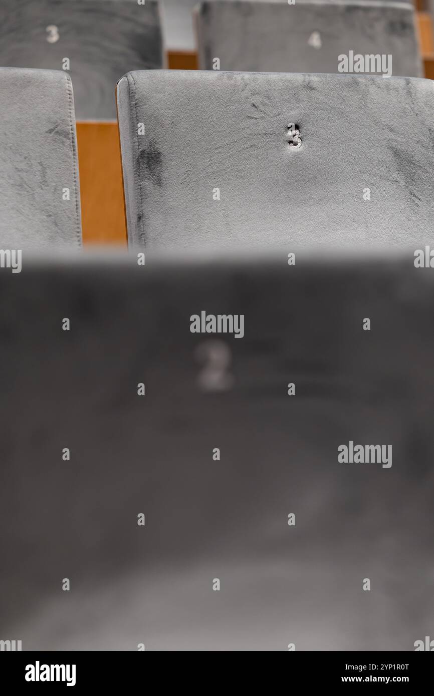 Rows of empty seats in a cinema hall, front side of the seats with ...