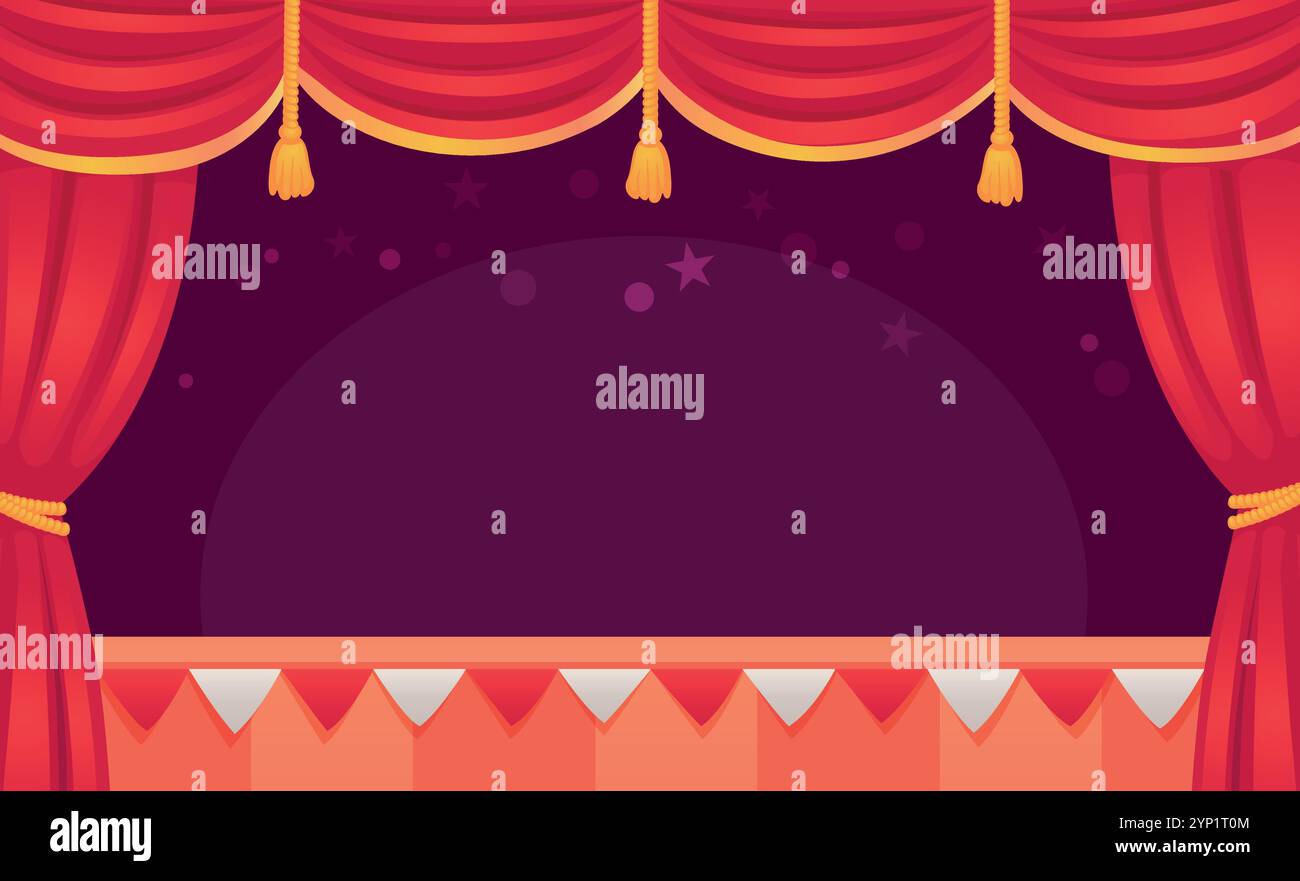 Theater stage background. Cartoon scene with red curtains. Vector ...