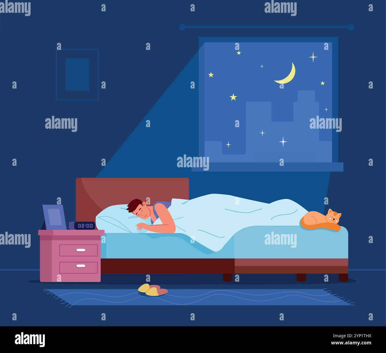 Man sleeping in bedroom interior. Night bed rest. Vector illustration ...