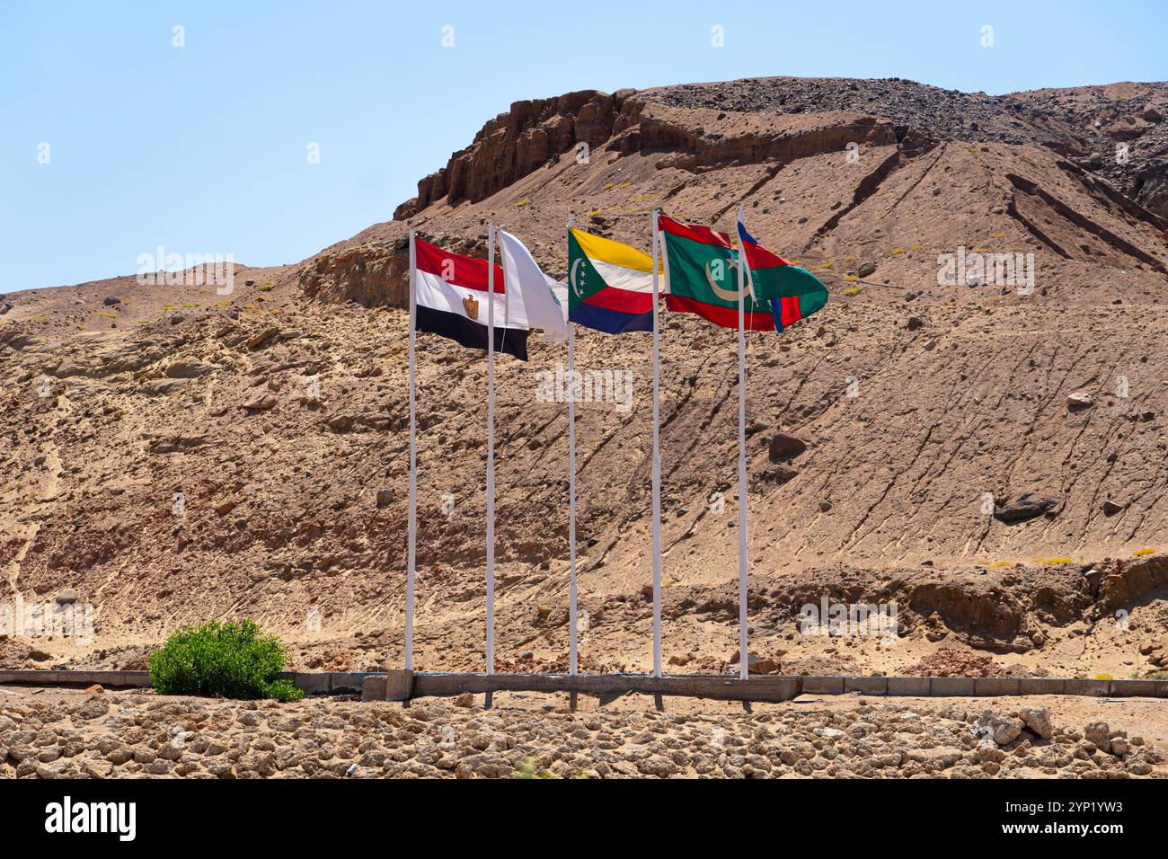 Flags of Islamic states on the background of mountains, desert and sky ...