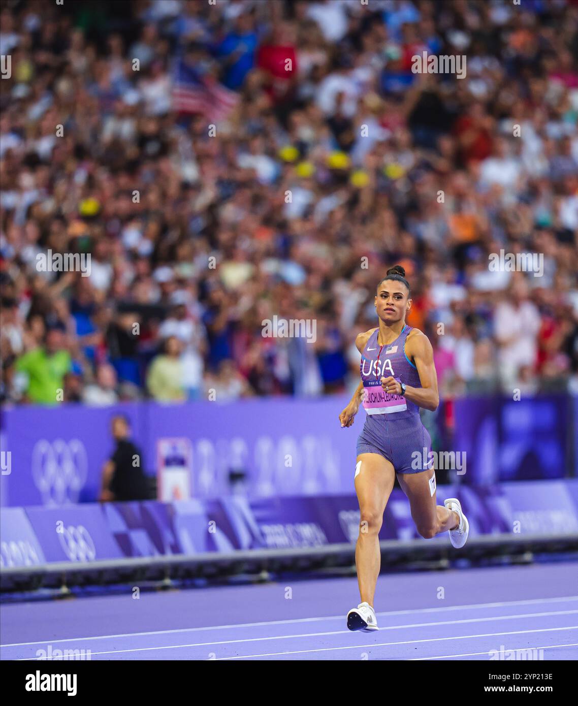 Sydney McLaughlin participating in the 400 meters hurdles at the Paris ...