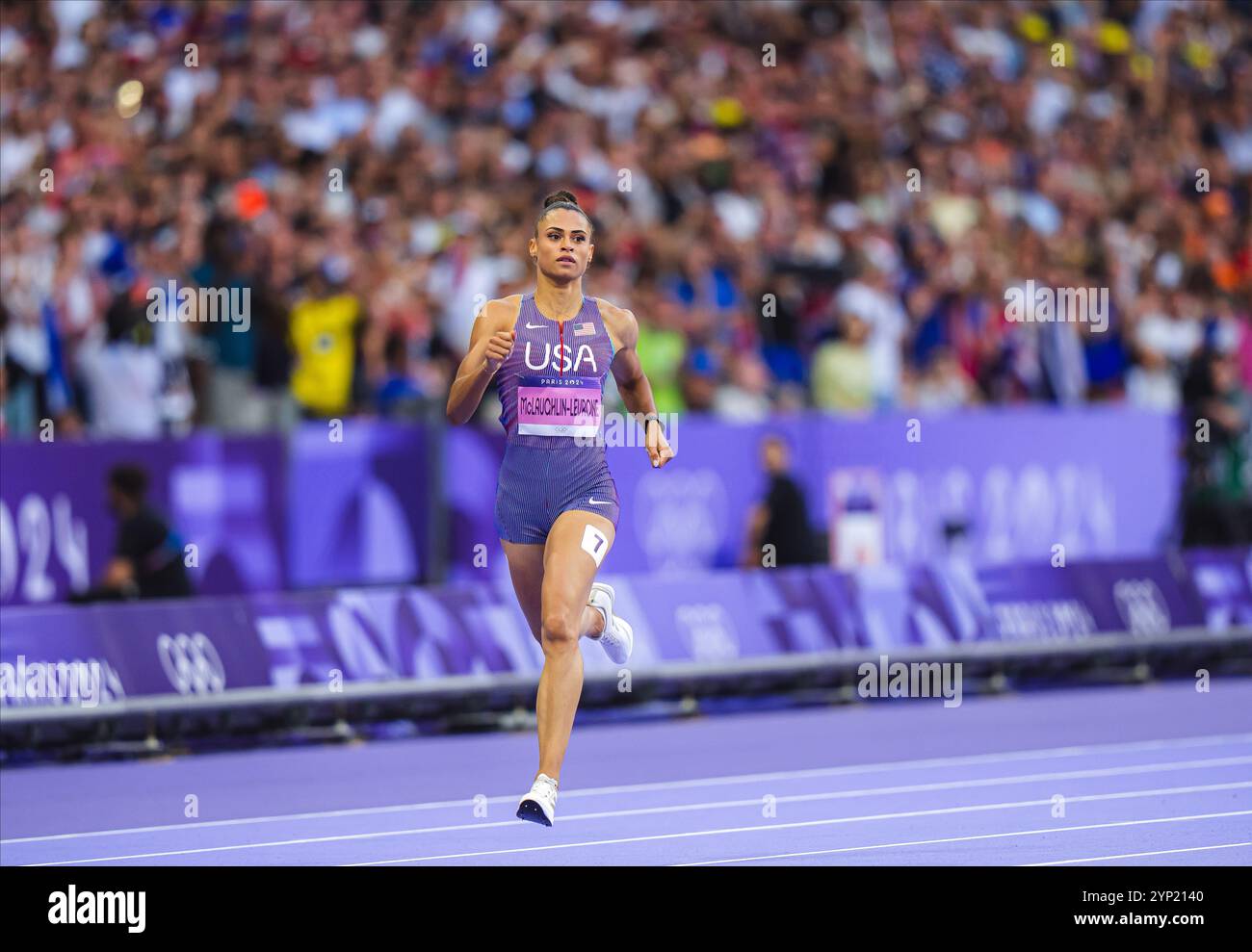 Sydney McLaughlin participating in the 400 meters hurdles at the Paris ...