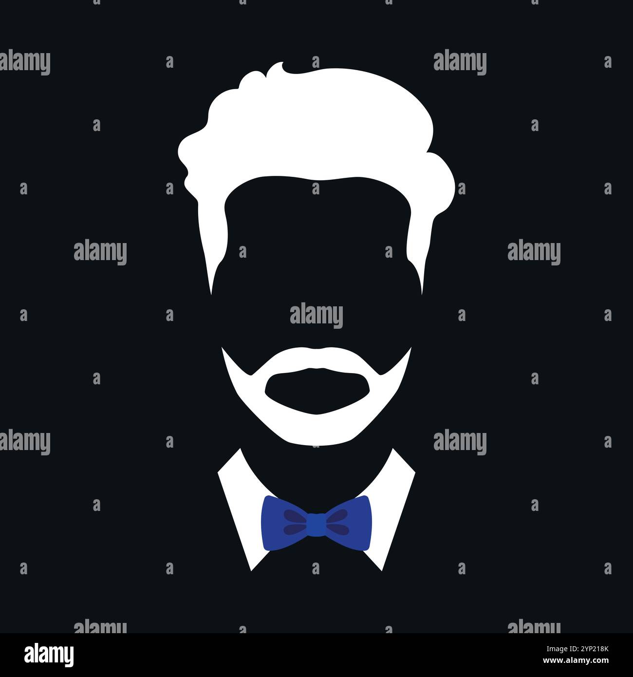 Abstract man silhouette in bow tie. Male hairstyle and beard with blue ...