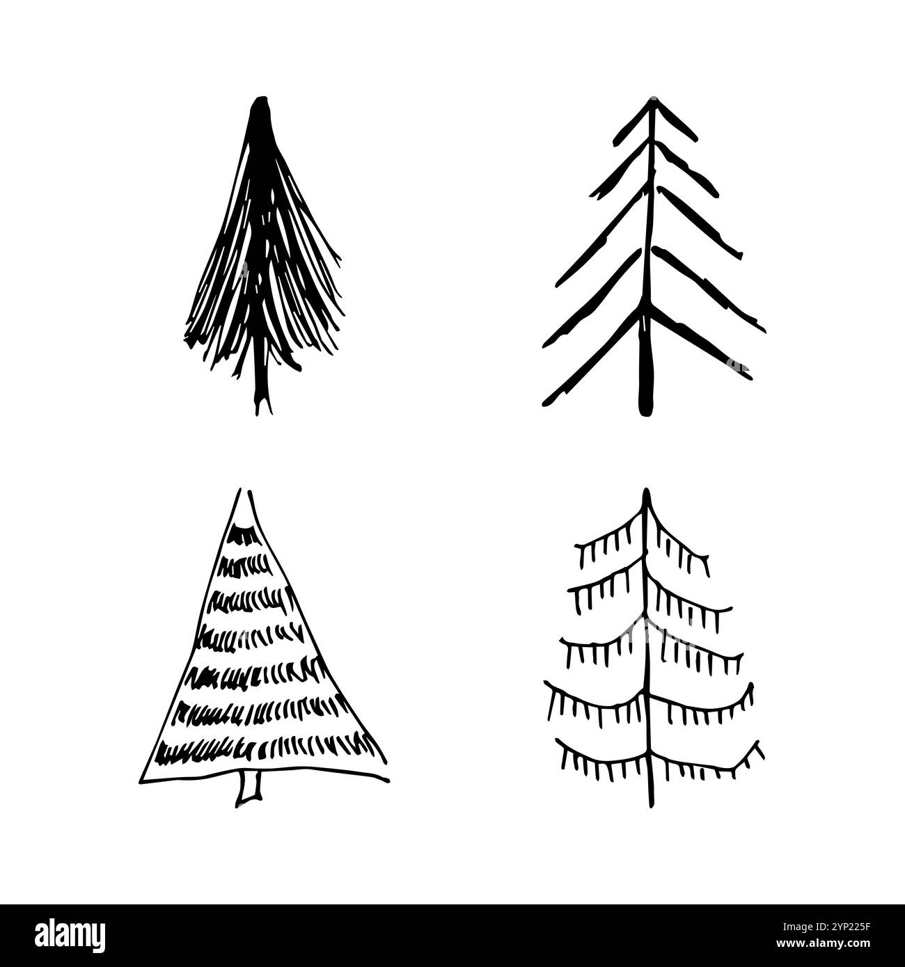Hand drawn Christmas trees. Set of four monochrome sketched ...