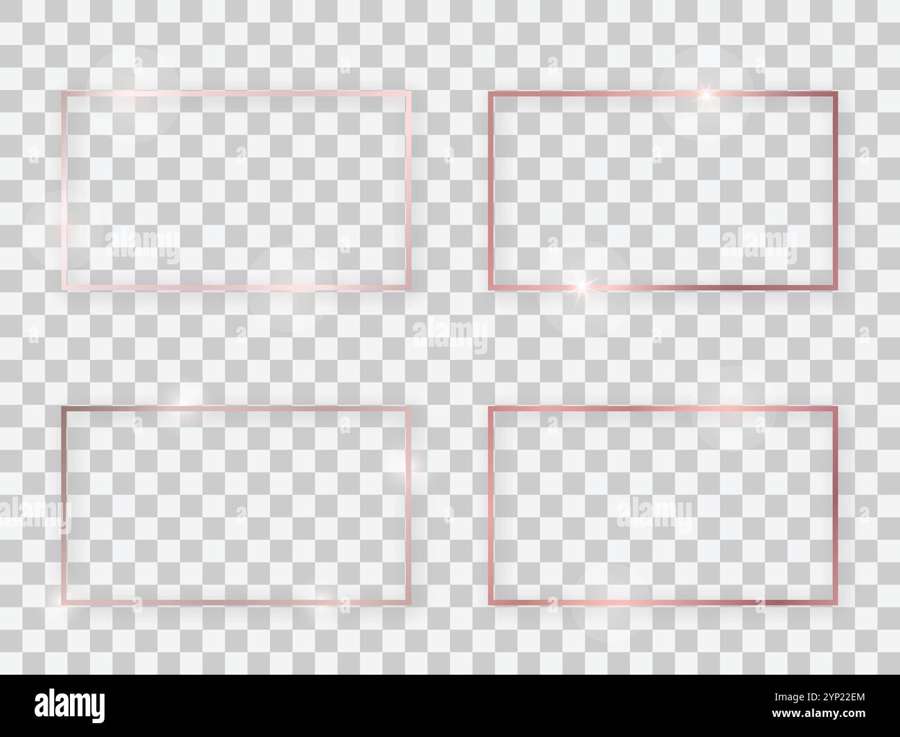 Set of four rose gold shiny 16x9 rectangular frames with glowing effects and shadows on ...