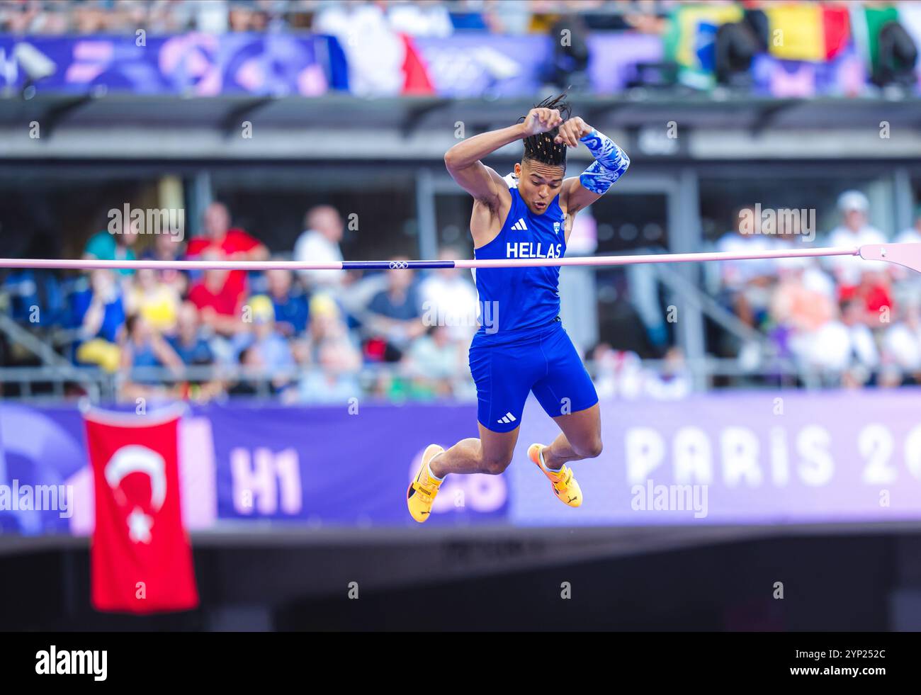 Emmanuíl Karalís participating in the pole vault at the Paris 2024 ...