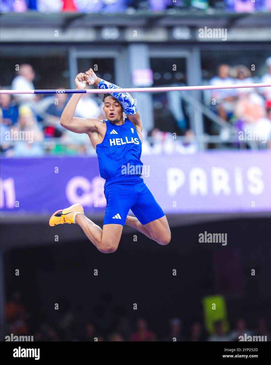 Emmanuíl Karalís participating in the pole vault at the Paris 2024 ...