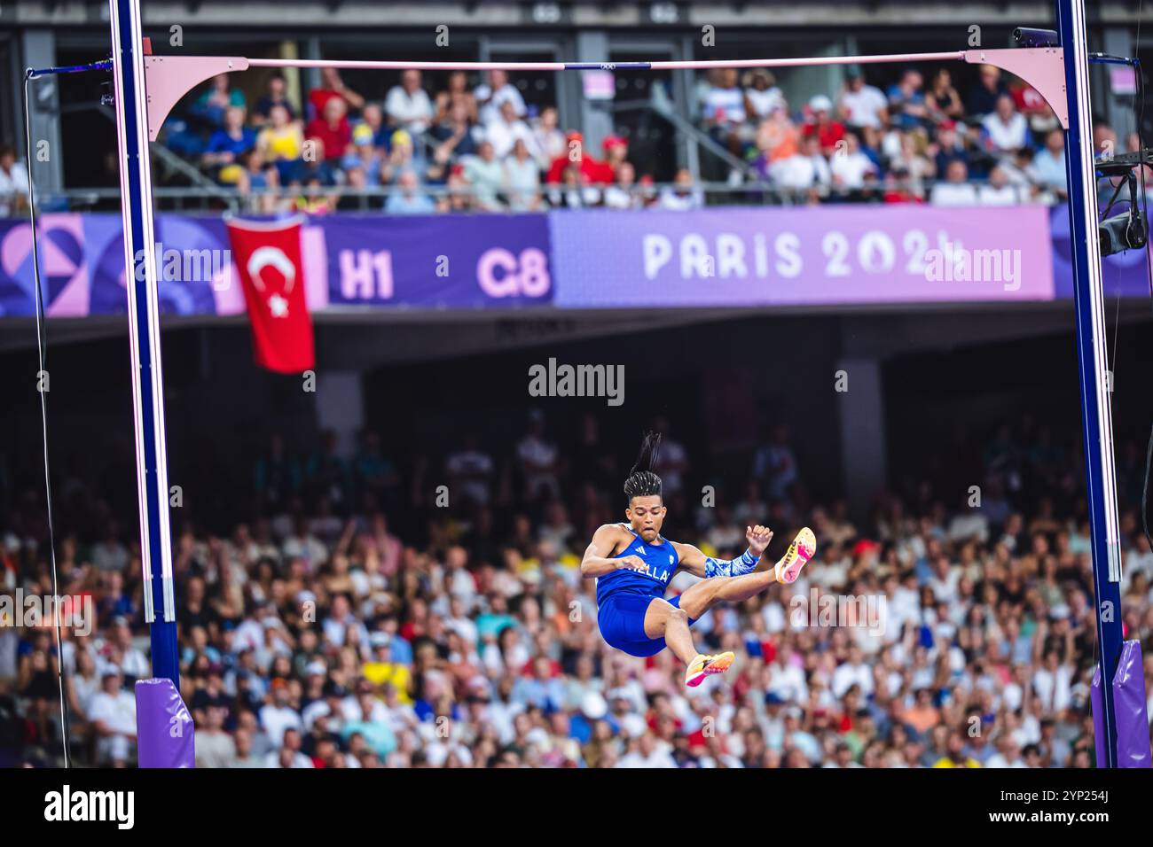 Emmanuíl Karalís participating in the pole vault at the Paris 2024 ...