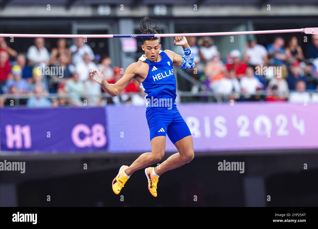 Emmanuíl Karalís participating in the pole vault at the Paris 2024 ...