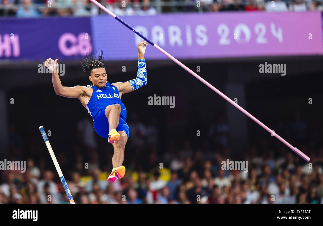 Emmanuíl Karalís participating in the pole vault at the Paris 2024 ...