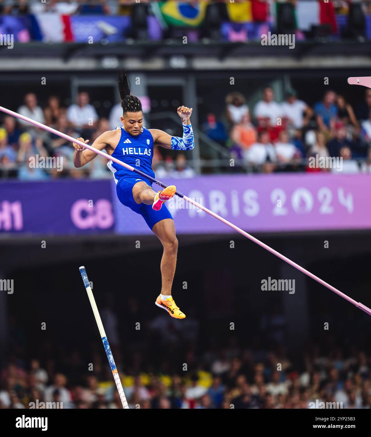 Emmanuíl Karalís participating in the pole vault at the Paris 2024 ...