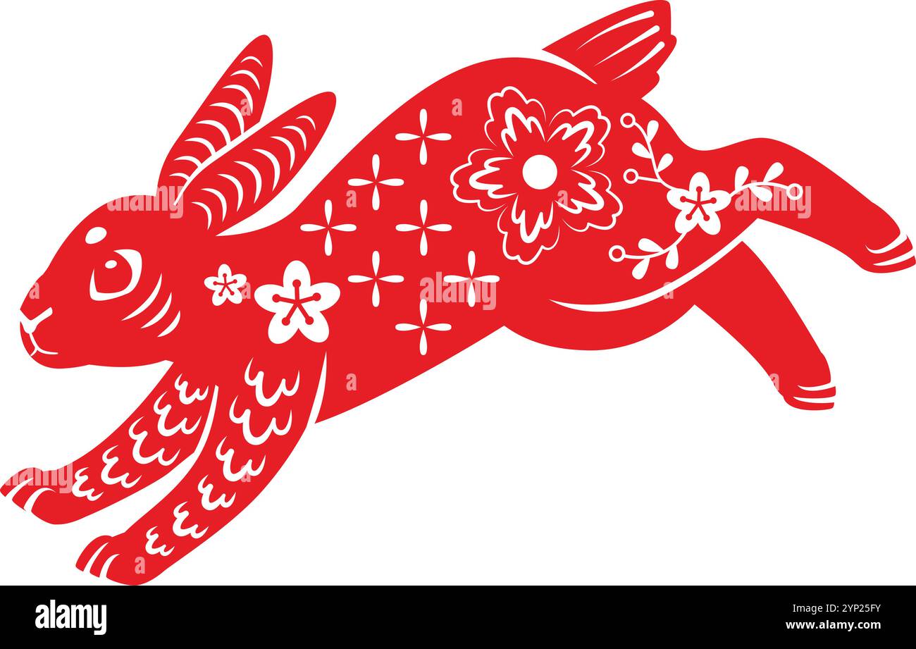 Red hare jumping. Lunar rabbit ornate silhouette isolated on white ...