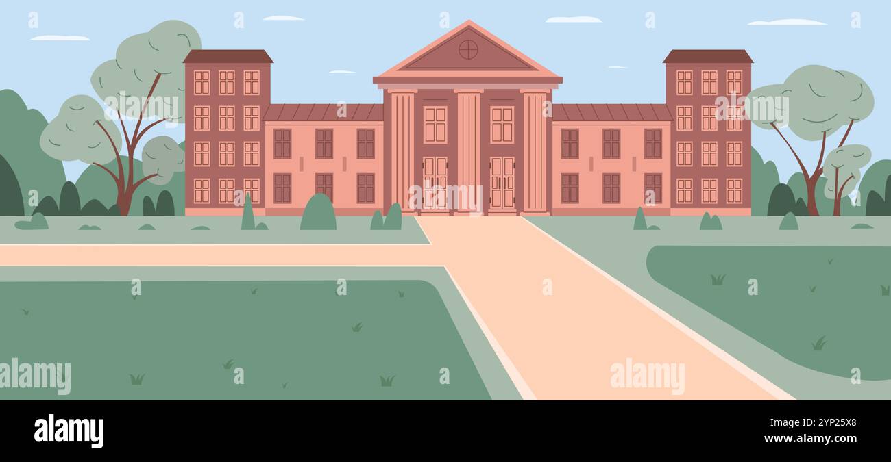 School scene exterior background. Education building outside. Vector ...