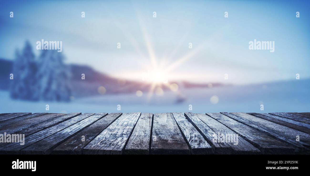 Wintry landscape with sun rising and wooden walkway background: nature ...