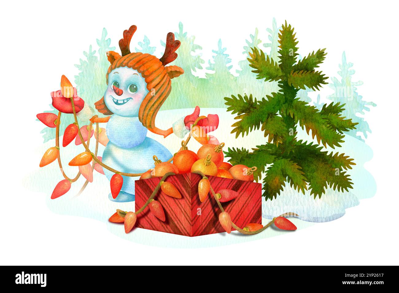 Christmas composition with funny snowman sorting out box of Christmas ...