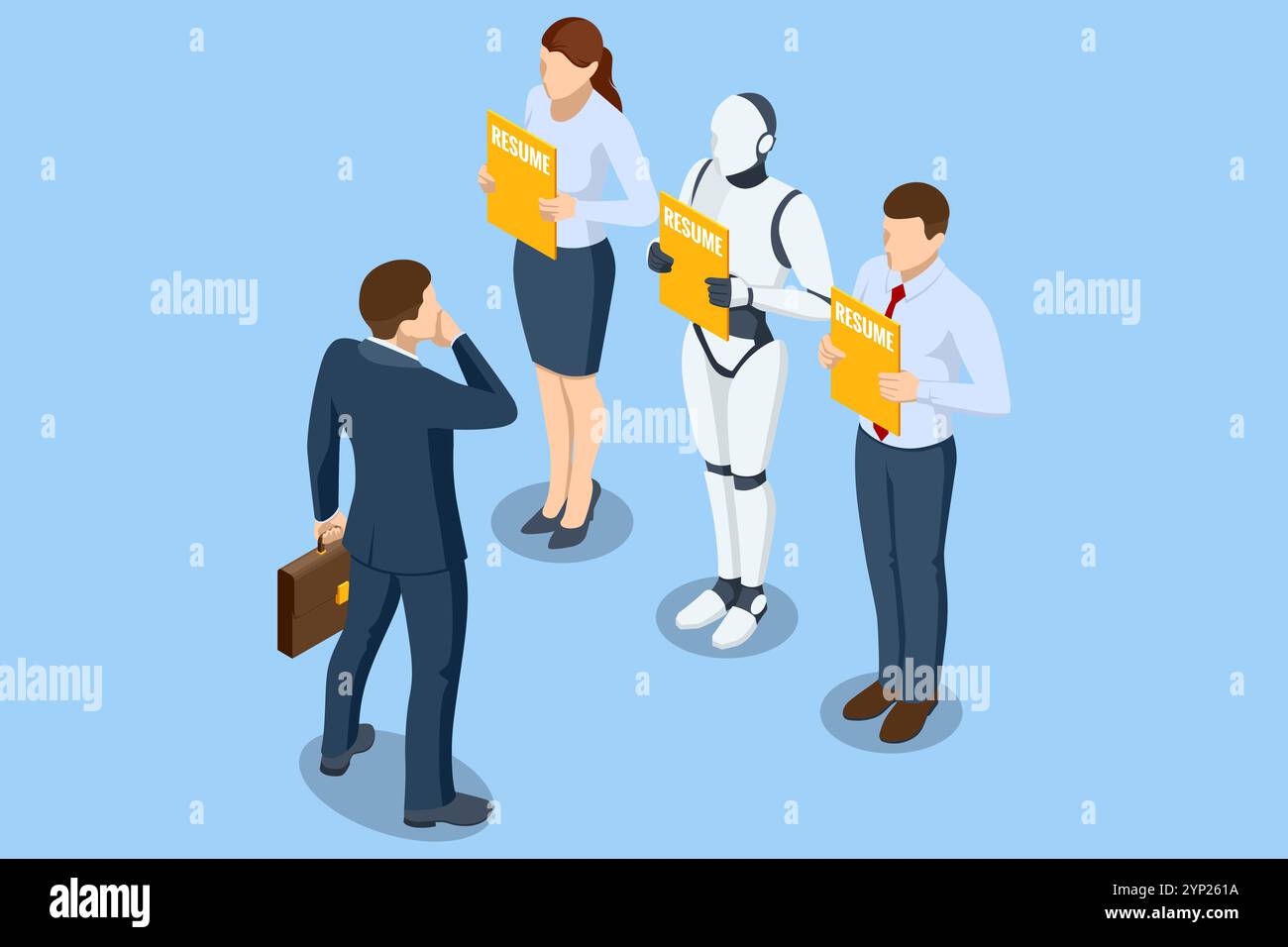 Isometric hiring and recruitment robots are selected for a job over a ...