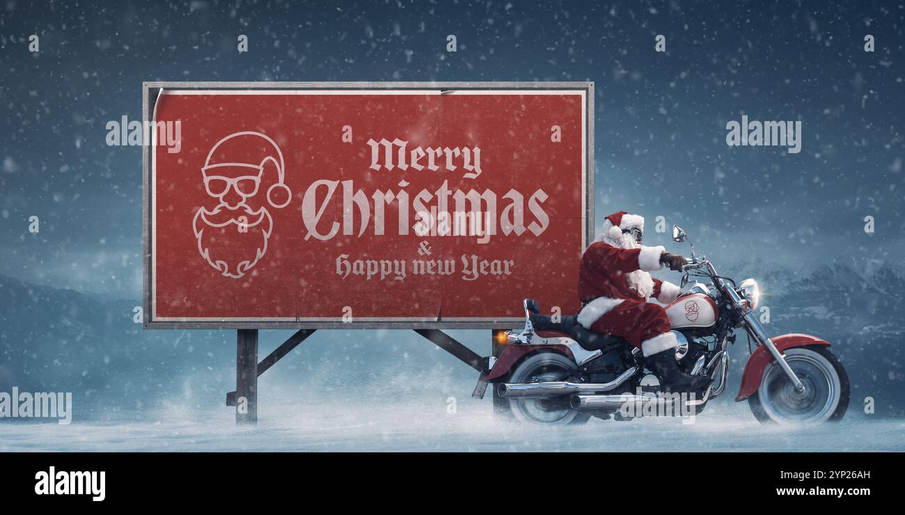 Cool biker Santa riding a motorcycle and Christmas wishes on a ...