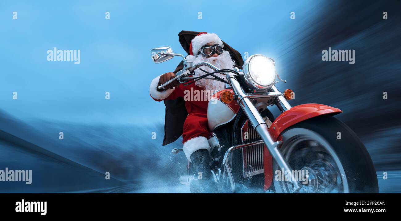 Unconventional biker Santa Claus riding a fast motorbike and delivering ...