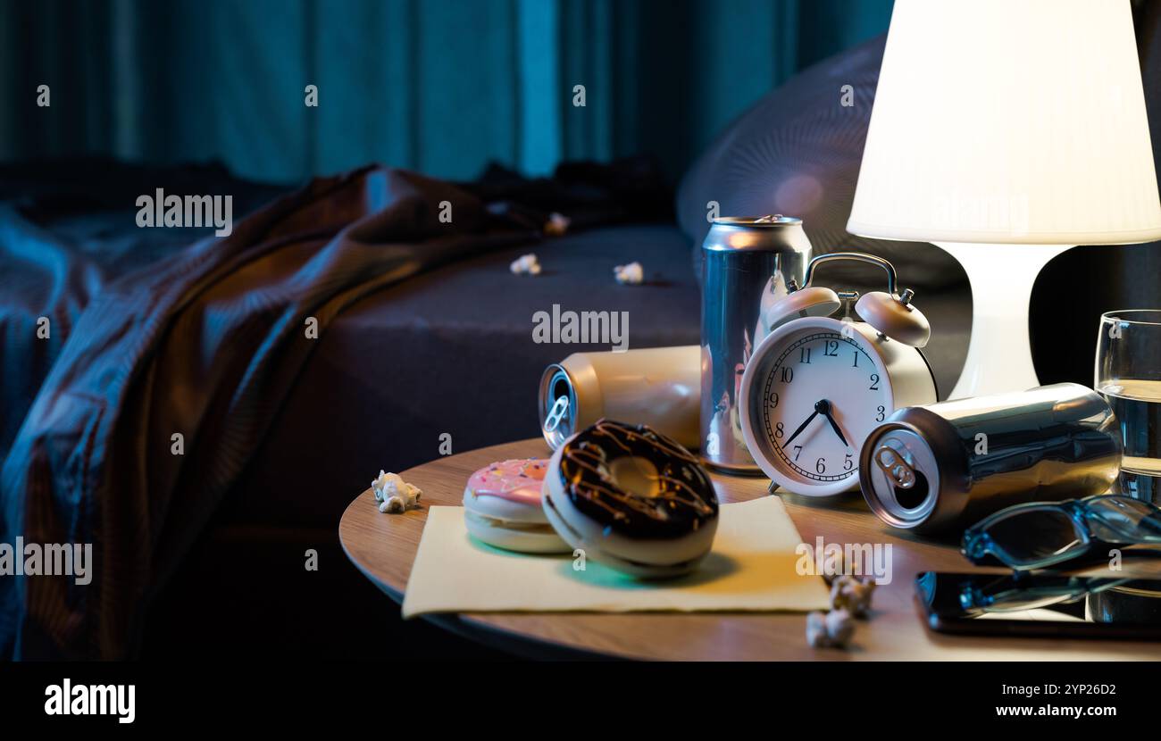 Messy cluttered bedroom interior with trash, food and unmade bed Stock ...