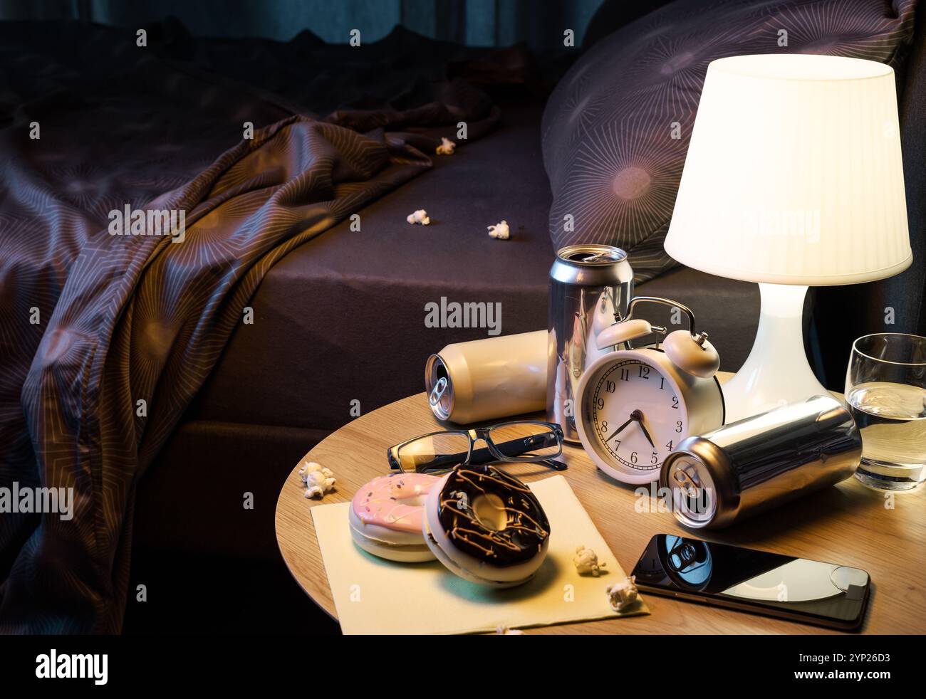 Messy cluttered bedroom interior with trash, food and unmade bed Stock ...