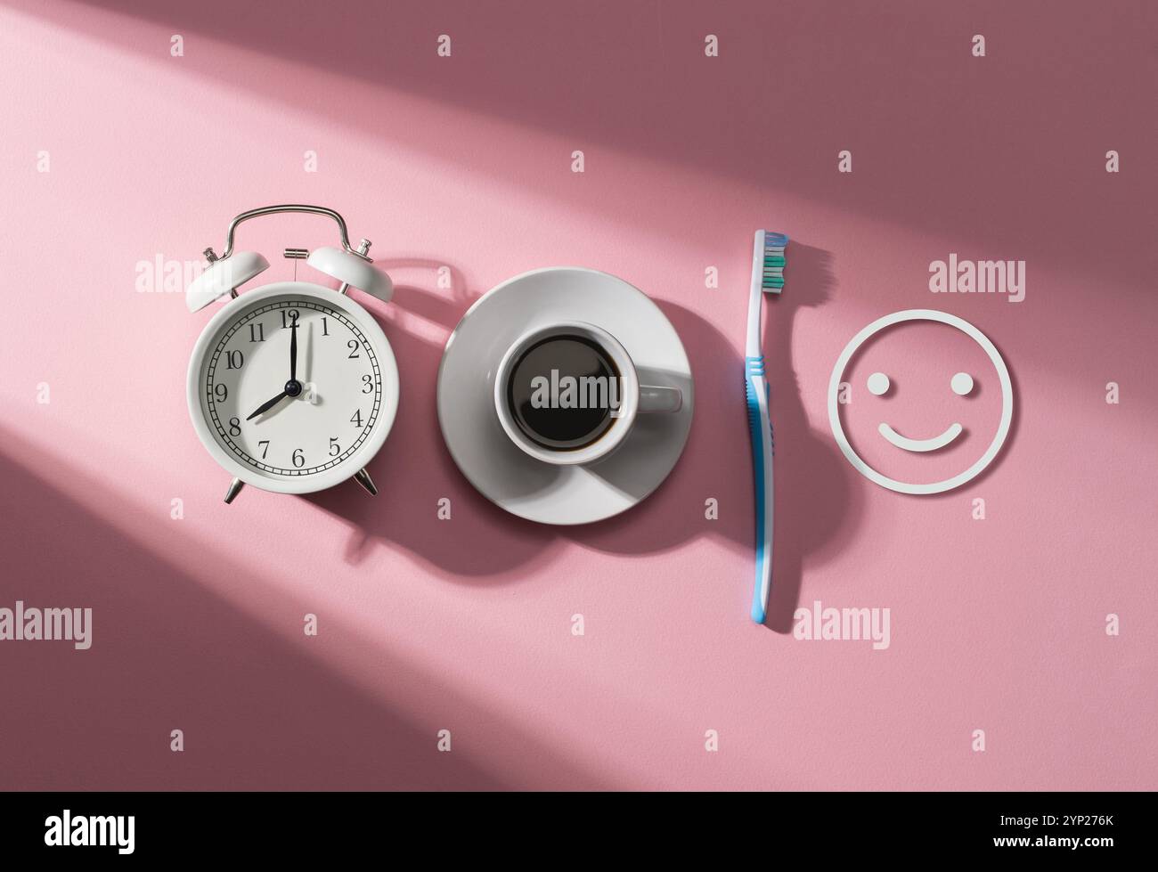 Alarm clock, coffee cup, toothbrush and smiling emoticon: remember to ...