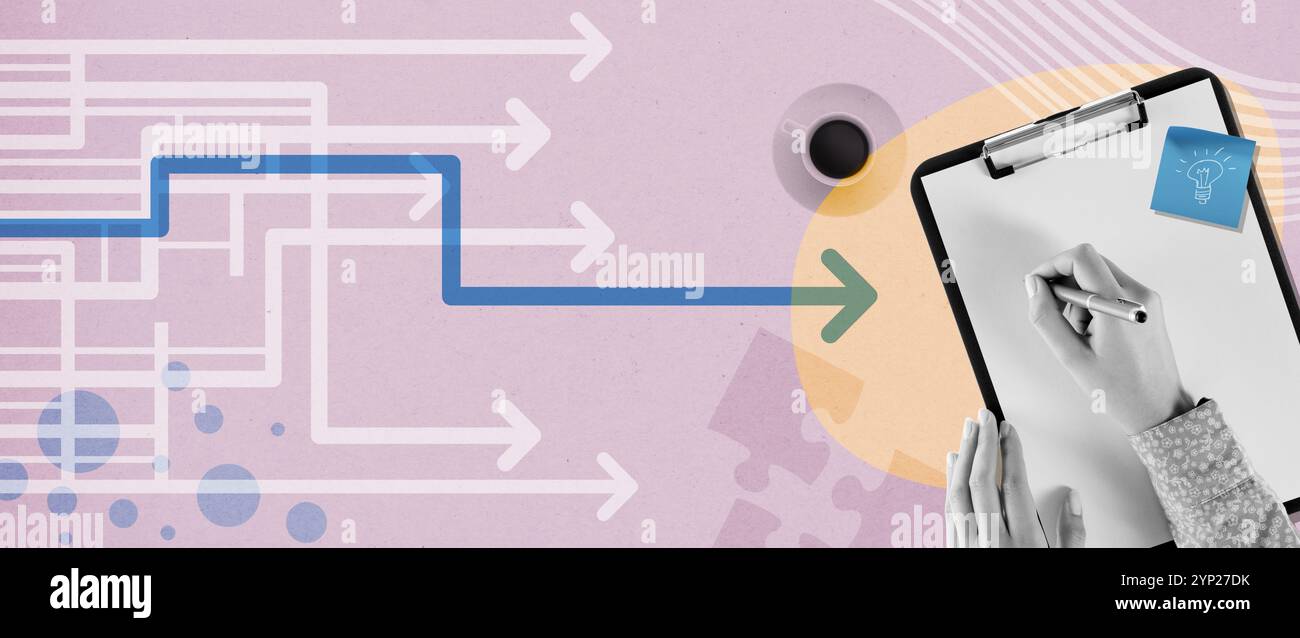 Creative woman writing notes on a clipboard and abstract background ...