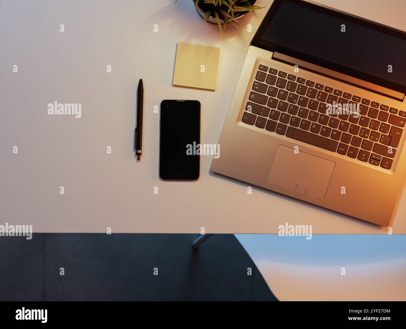 Minimalistic office worker desktop with laptop, top view, copy space ...