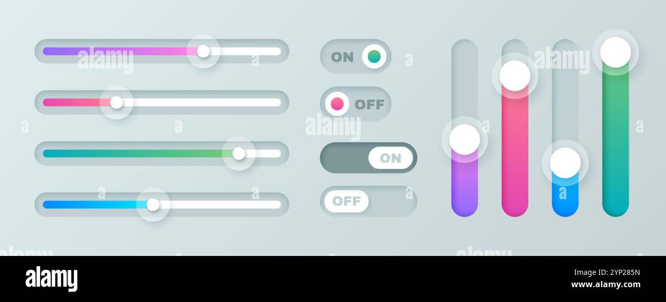 Vector set of scroll bar icons. Colored sliders, computer scrollbars. Web design elements for ...