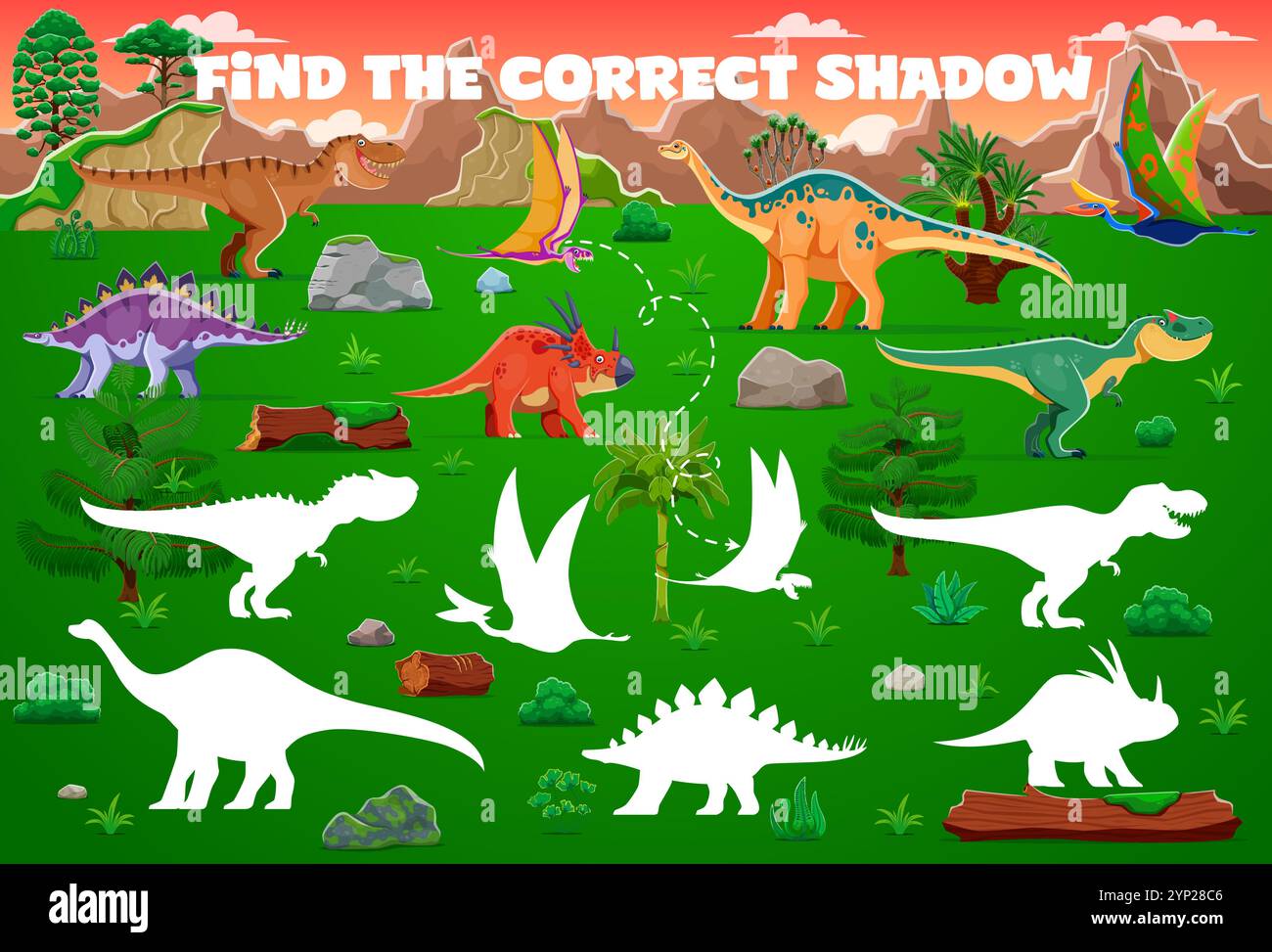 Find correct shadow of prehistoric dinosaurs on kids game worksheet ...