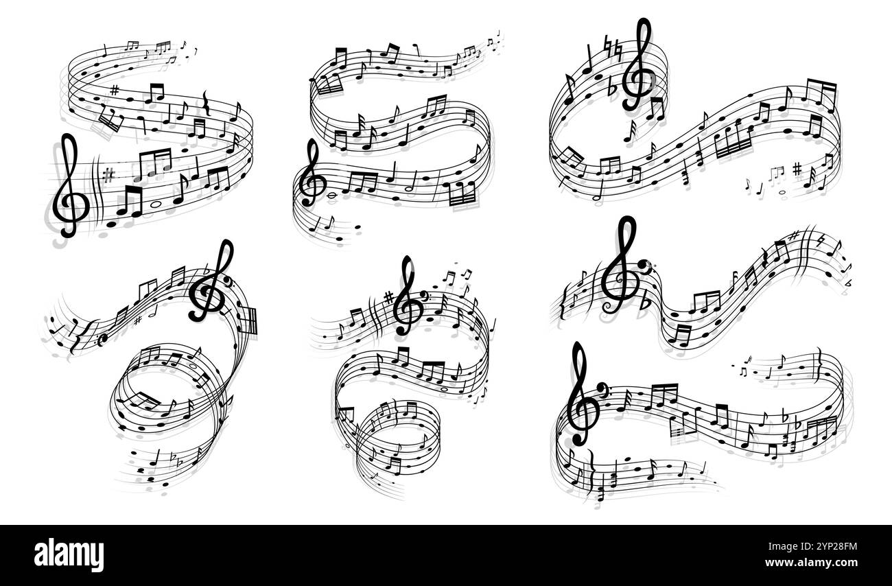 Song waves with music notes, symbols and signs. Vector swirls, waves ...
