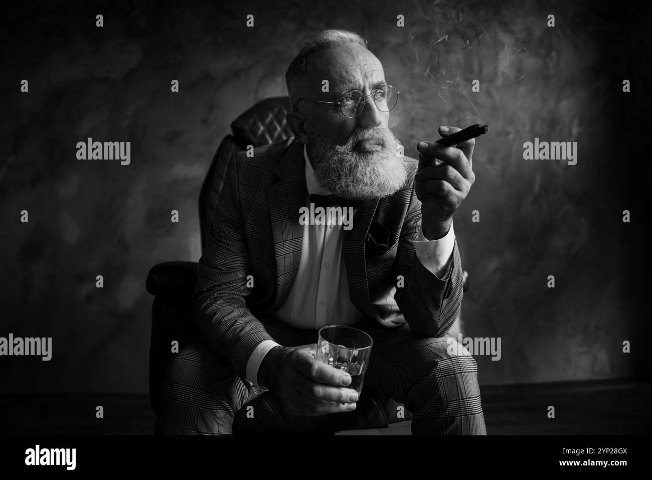 Minded, ponder rich man in glasses, smoke cigarette, fume, hold glass ...