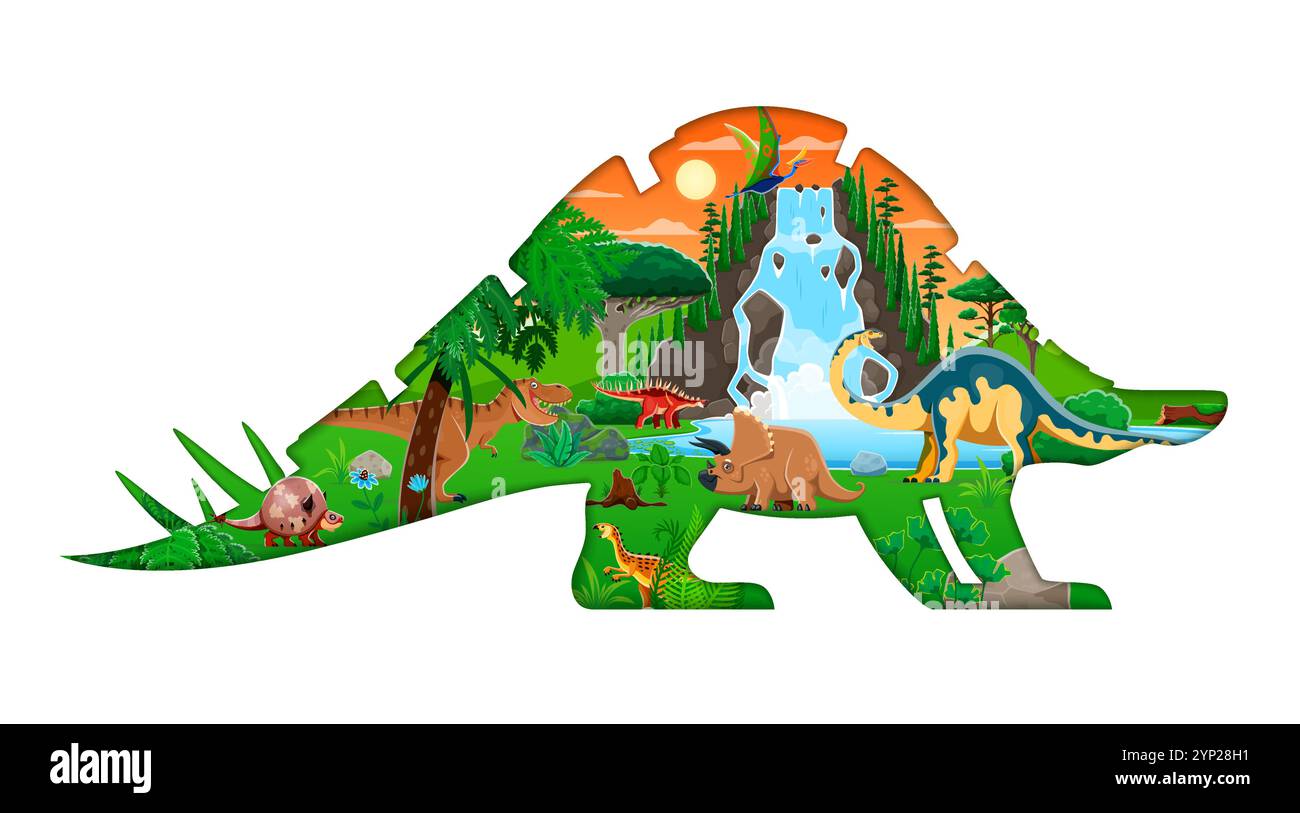 Prehistoric dinosaur paper cut silhouette with cartoon jurassic ...
