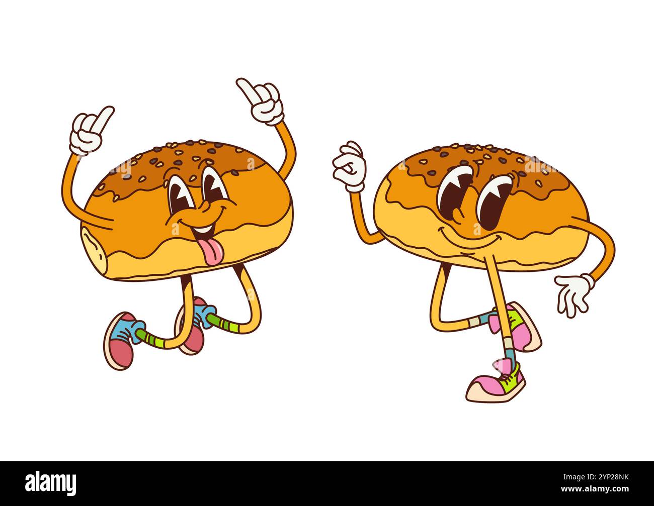 Cartoon retro groovy japanese anpan bun dessert characters rejoice with ...