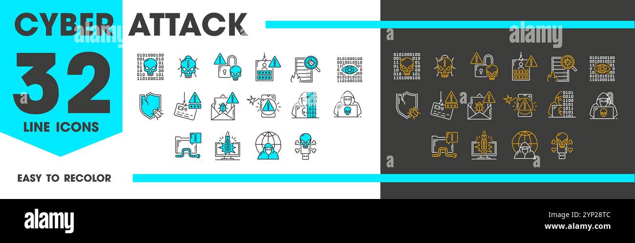 Cyber attack icons of computer hacker, digital crime and web internet ...