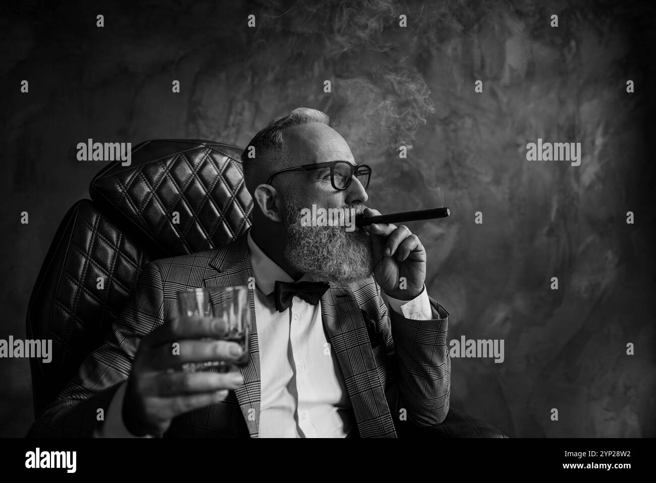 Side profile view of thoughtful, selective, investor in glasses, smoke ...