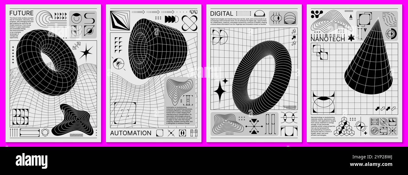 Brutalism posters with retro grid and y2k shapes. Vector graphic ...