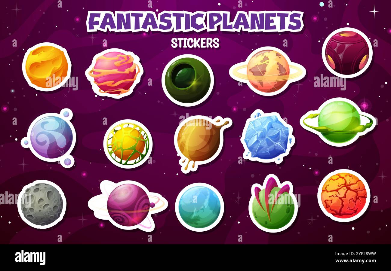 Stickers pack of alien space galaxy planets on starry sky vector background. Cartoon outer space ...