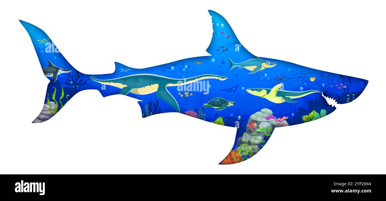 Paper cut prehistoric shark shape silhouette with underwater landscape ...