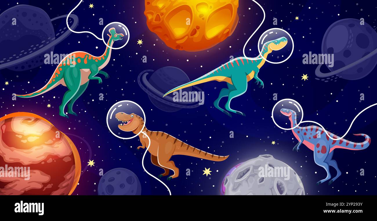 Dinosaur astronauts in space vector background with cartoon prehistoric ...
